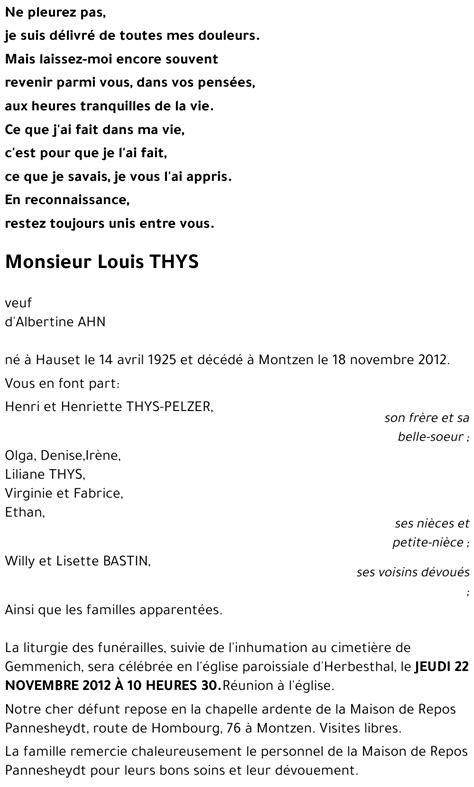 Avis De Décès De Louis Thys Décédé Le 18112012 à Montzen Annonce Condoléances Fleurs Etc