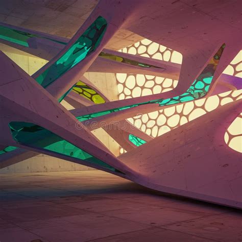 Futuristic Architectural Interior Featuring Smooth Curved Concrete Structures Stock