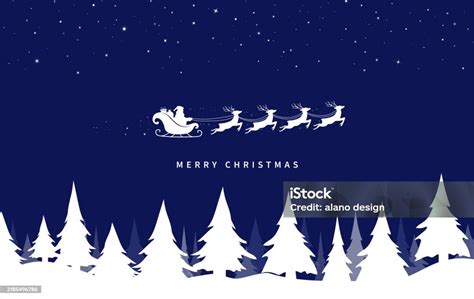 산타 클로스는 날아 다니는 순록과 함께 썰매를 타고 있습니다 눈송이와 별 장식 요소 눈 속의 전나무 메리 크리스마스 배너입니다 벡터 일러스트 레이 션 크리스마스 카드에 대한