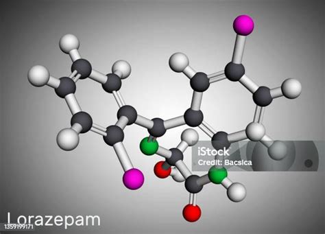 로라제팜 분자 그것은 진정 제 와 완화 속성벤조디아제핀 공황 장애를 치료 하는 데 사용 심한 불안 발작 분자 모델 3d 렌더링 3차원 형태에 대한 스톡 벡터 아트 및 기타
