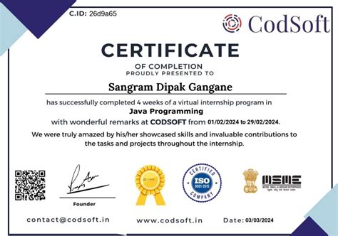 Completed 4 Week Java Programming Internship At Codsoft Sangram