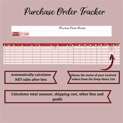Purchase Order Tracker Excel Spreadsheet Sales Tracker Revenue Tracker Online Order Organizer