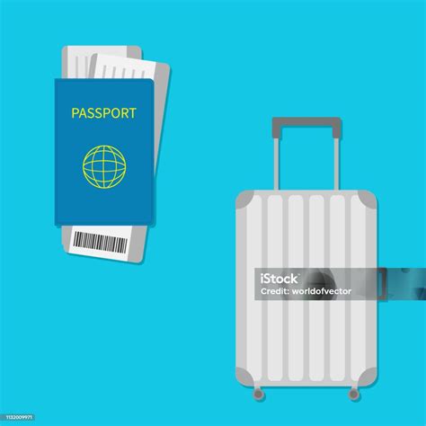 여권 바코드와 항공 탑승권 티켓 가방 아이콘입니다 여행 수하물 수화물 핸드백 여름 방학 계획 9 여행 승객의 경우 플랫 절연 파란색 배경입니다 가리기에 대한 스톡 벡터 아트