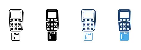 신용 카드 라인과 실루엣 아이콘 세트가 삽입된 결제 단말기 은행 서비스 금융 거래 픽토그램 흰색 배경의 Pos 기호에 카드를 삽입합니다 고립된 벡터 그림 고객에 대한 스톡