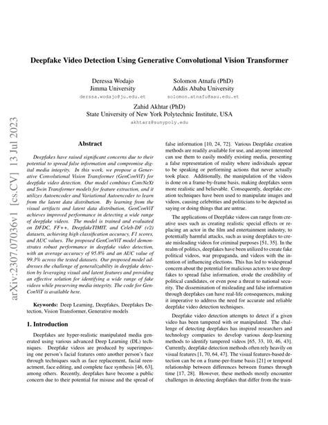 PDF Deepfake Video Detection Using Generative Convolutional Vision Transformer
