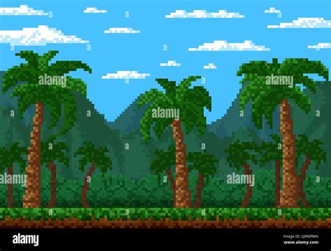 Jungle Forest 8 Bit Pixel Game Level Landscape With Palms Vector