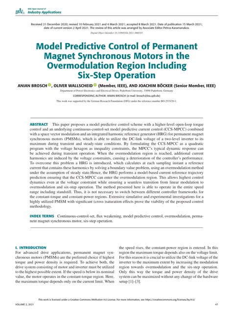 Pdf Model Predictive Control Of Permanent Magnet Synchronous Motors In The Overmodulation