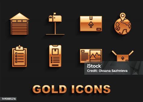 앱 배송 추적 전 세계 골판지 상자 트래픽 기호 엽서 목록 클립보드 확인 폐쇄된 창고 및 메일 열기 아이콘이 있는 휴대폰을 설정합니다 벡터 건축하기에 대한 스톡 벡터 아트