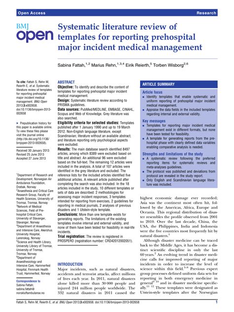 PDF Systematic Literature Review Of Templates For Reporting Prehospital Major Incident Medical