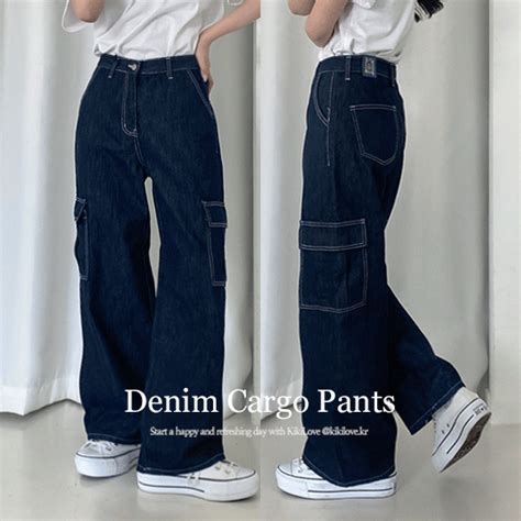 Y2k와이드핏 이염없는 데님 논페이드 빈티지 힙 스티치 롤업 건빵 포켓 딥 진청 생지 일자 와이드 데님 카고 팬츠 키치카고데님 에이블리