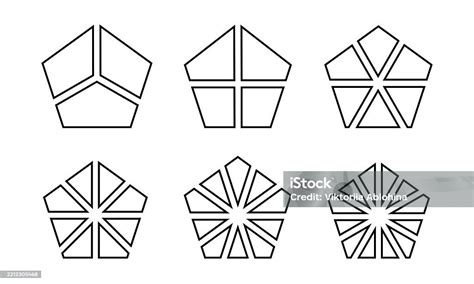 오각형 모양은 흰색 배경에 고립 된 3 4 및 6 8 10 및 12 분수로 나뉩니다 동일한 세그먼트로 절단된 기본 기하학적 형태 간단한 다이어그램 비즈니스 차트 벡터 그래픽
