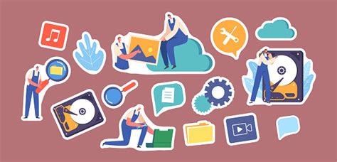 스티커 데이터 복구 백업 및 보호 하드웨어 복구 서비스 세트 작업자 유니폼 수정 파일의 문자 스티커에 대한 스톡 벡터 아트 및