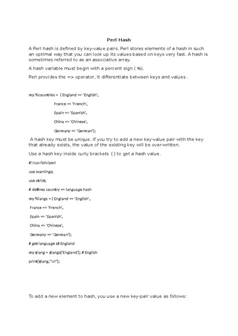 Perl Hash Scripting Languages Perl Hash A Perl Hash Is Defined By Key Value Pairs Perl