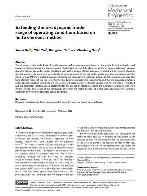 Pdf Extending The Tire Dynamic Model Range Of Operating Conditions Based On Finite Element Method