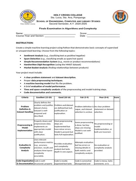 Algorithms And Complexity Finals Exam Rubrics Pdf Machine Learning Artificial Intelligence