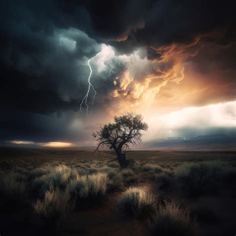 Premium AI Image A Tree In A Field With A Storm Coming In