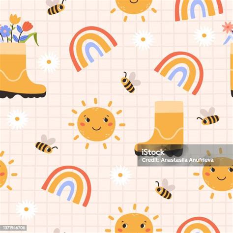 웃는 태양 무지개 꿀벌 체크 무늬 배경에 꽃이 있는 노란색 고무 부츠가 있는 귀여운 유치한 원활한 패턴 만화 벡터 일러스트레이션 섬유와 종이용 보육 인쇄물 0명에 대한 스톡