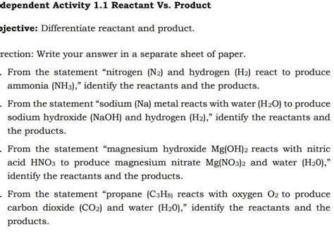 Dependent Activity 11 Reactant Vs Product StudyX