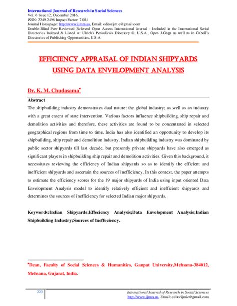 Pdf Efficiency Appraisal Of Indian Shipyards Using Data Envelopment