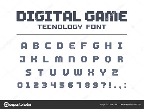 디지털 폰트입니다 테크노 알파벳입니다 레트로 편지와 비디오 컴퓨터 모바일 디자인에 스톡 벡터 ©rhilch 220507584