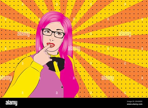 Young Thoughtful Woman In Eyeglasses Retro Pop Art Style Illustration