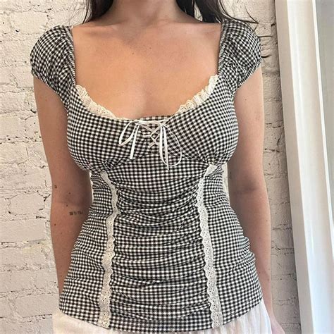 Cyflymder Y2k Cottage Vintage Plaid Milkmaid Crop Tops Square Collar L