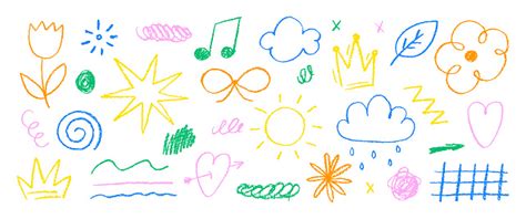 크레용 질감을 가진 어린아이 같은 요소 세트입니다 별 음악 왕관 꽃 분필 또는 파스텔로 그려진 꽃 흰색 배경에 컬러 낙서 벡터 그림 낙서 드로잉에 대한 스톡 벡터 아트 및