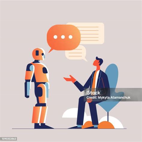 로봇과 소통하는 남자 인공 지능 벡터 그림과 통신하는 남자 Brand Name Online Messaging Platform에 대한 스톡 벡터 아트 및 기타 이미지