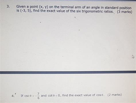 Solved Solve Both Questions Given A Point X Y On The Terminal Arm Course Hero