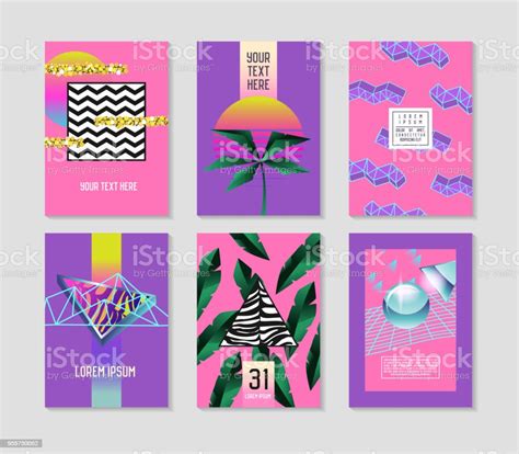 종 려 잎 및 기하학적 요소와 초록 열 대 포스터 템플릿 집합입니다 Hipster 8090 년대 스타일 책자 배너 전단지 패션 벡터 일러스트 레이 션 0명에 대한 스톡 벡터
