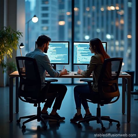 Developers Coding At Office Desk Stable Diffusion Online
