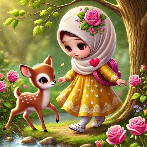بک گراند کودکانه دختر بچه ناز با حجاب و بچه آهوی ناز در باغ گل رز کد 43960 ویژه عکس گراف عکس گراف