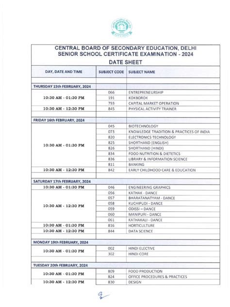 20231211 Class Xii Date Sheet For Board Examinations 2024 Pdf