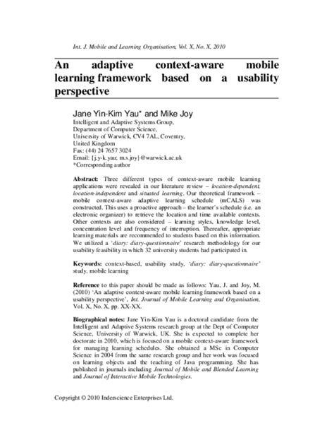 Pdf An Adaptive Context Aware Mobile Learning Framework Based On The Usability Perspective