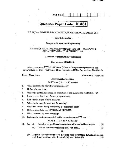 cs2253 computer organization and architecture nov dec 2015 question paper university question