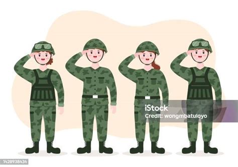 군사 육군 부대 템플릿 손으로 그려진 귀여운 만화 플랫 일러스트 레이 션 군인 무기 탱크 또는 보호 중장비 개념에 대한 스톡 벡터 아트 및 기타 이미지 Istock