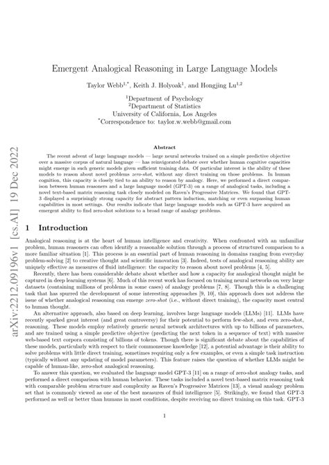 Pdf Emergent Analogical Reasoning In Large Language Models