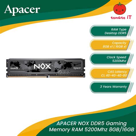 Apacer Nox Ddr5 Desktop Gaming Ram Single Stick 5200mhz 8gb 16gb Shopee Malaysia