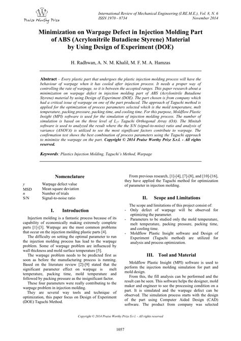 Pdf Minimization On Warpage Defect In Injection Molding Part Of Abs Acrylonitrile Butadiene