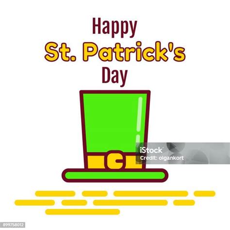 해피 성 Partic 날 인사말 카드입니다 녹색 모자는 요정과 인사말 비문 흰색 배경에 고립 된 플랫 아이콘입니다 벡터 일러스트입니다 0명에 대한 스톡 벡터 아트 및 기타