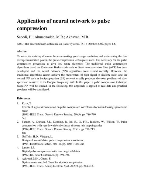 Pdf Application Of Neural Network To Pulse Compression