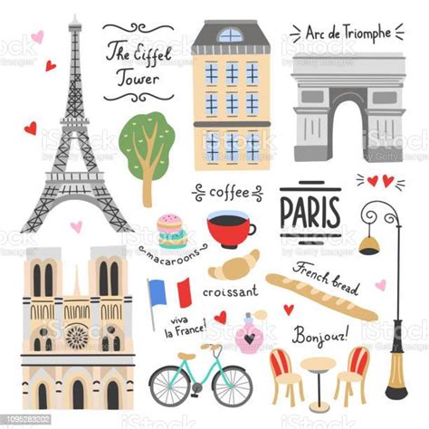 파리 벡터 흰색 배경 설정입니다 프랑스 기호 및 아이콘 파리 일러스트 방문 건축 에펠 탑 파리 카페 자전거 프랑스에 대한 스톡 벡터 아트 및 기타 이미지 Istock