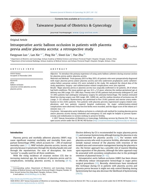 Pdf Intraoperative Aortic Balloon Occlusion In Patients With Placenta Previa And Or Placenta