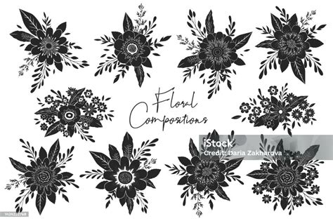 손으로 그린 꽃과 흰색 배경에 고립 된 잎에서 흑백 꽃 구성의 벡터 세트 Svg 파일 결혼식 초대장 카드를위한 꽃다발 템플릿