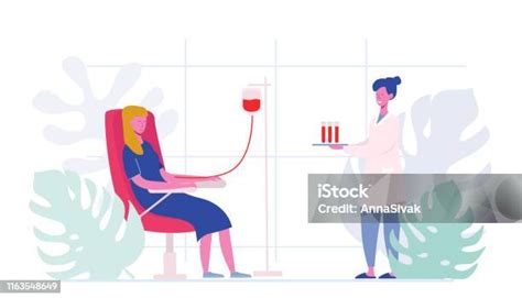 의료 병원 의자에 앉아 있는 여성 캐릭터 자원봉사자들이 혈액을 기증하고 있습니다 의사 여성 간호사는 시험관 기증 세계 혈액 기증자의 날 건강 관리에 걸릴 만화 플랫 벡터