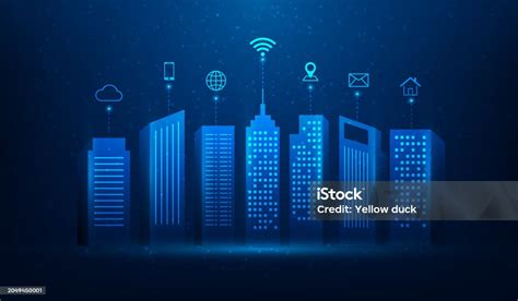파란색 배경에 스마트 시티 기술 디지털 네트워크 연결 아이콘이 있는 마을의 사물 인터넷 빅 데이터 연결 사회 벡터 일러스트 레이