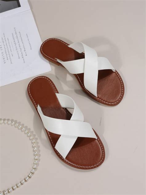 Elegant White Slide Sandals For Women Minimalist Cross Strap Sandals Shein Usa
