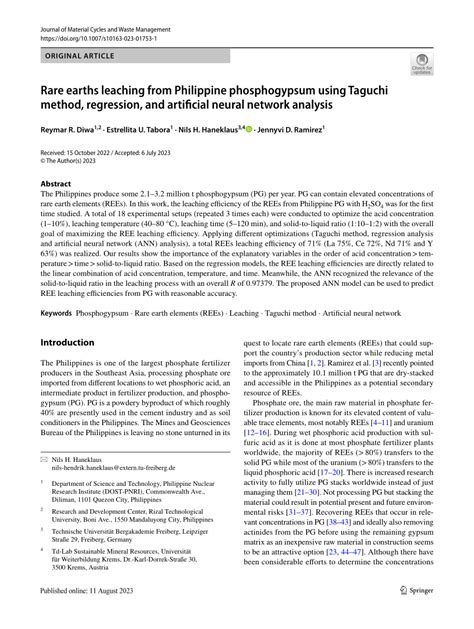 Pdf Rare Earths Leaching From Philippine Phosphogypsum Using Taguchi
