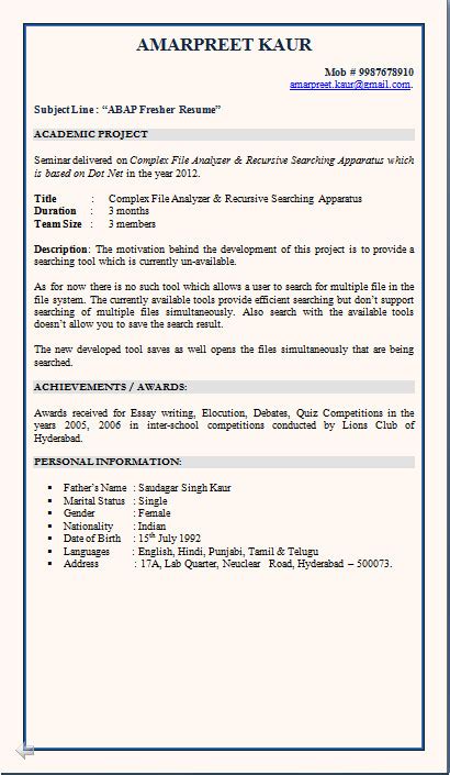 Sap Abap Resume Format For Freshers Williamson