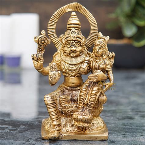 Brass Narsingh Laxmi Idol Under Serpent Religious Lucky Décor Statue 5